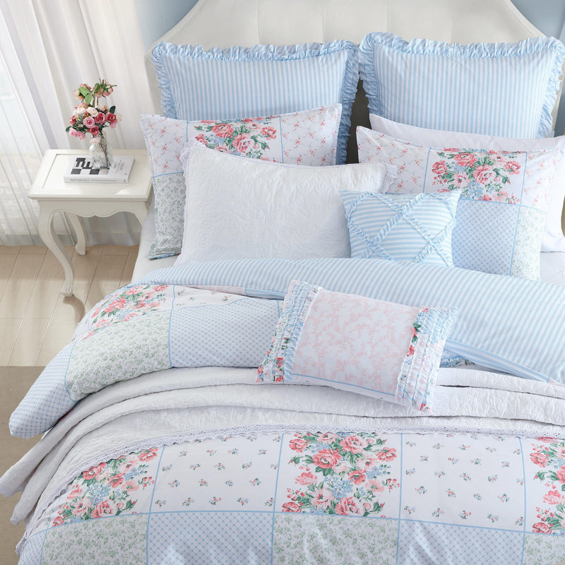 Laura Ashley Hope Patchwork Blue Cotton Reversible Comforter Set & Reviews | Wayfair